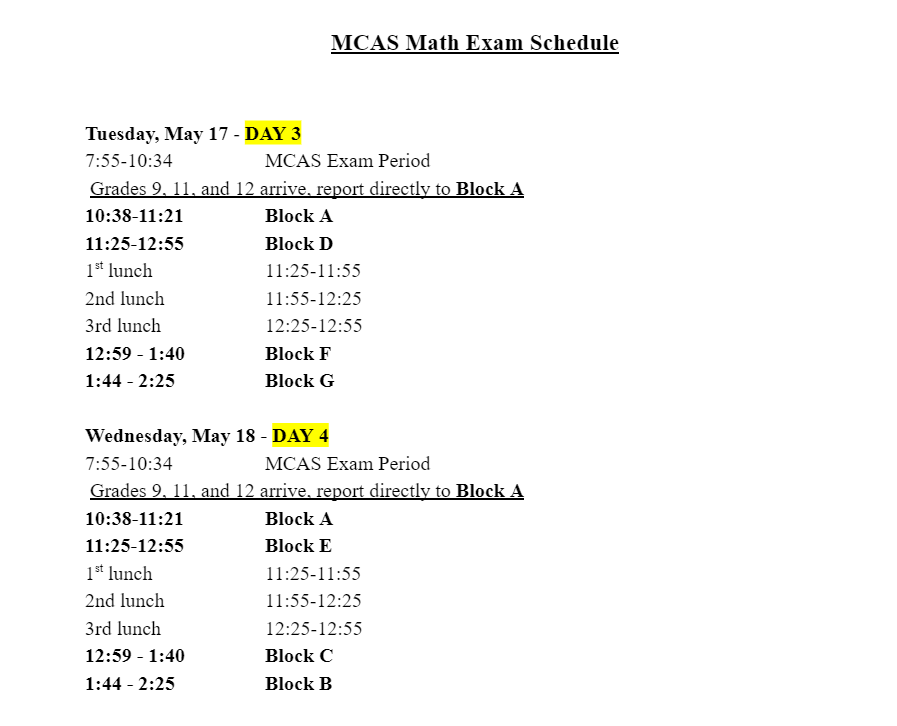 Math MCAS Testing Tuesday May 17th Wednesday May 18th Rockland
